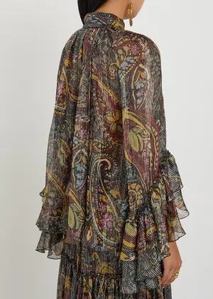 Etro Printed Metallic Silk Shirt With Ruffled Cuffs