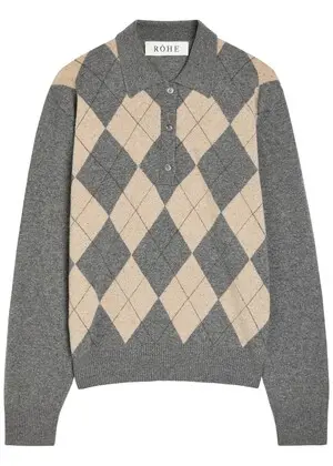 RÓHE Argyle Wool-blend Polo Jumper - Grey