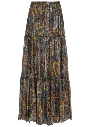 Etro Printed Tiered Metallic Silk Midi Skirt - Multicoloured