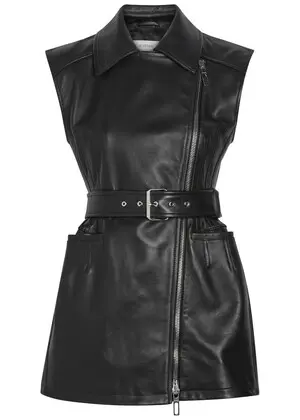 Sportmax Belted Leather Biker Vest Jacket - Black