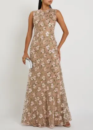 SELF-PORTRAIT Floral Crystal-embellished Tulle Maxi Dress