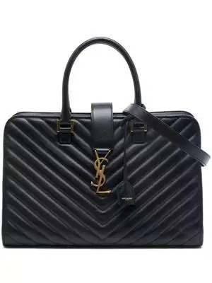 Saint Laurent 2014 Medium Chevron Calfskin Monogram Cabas Satchel - Black