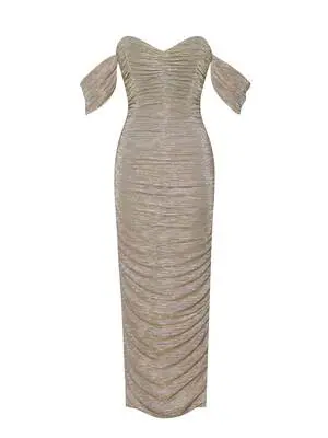 MISS CIRCLE NEW YORK Gene Ruched Off Shoulder Chiffon Maxi Dress - Gold