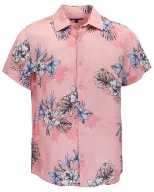 LORDS OF HARLECH Loic Exotic Floral Coral Linen Printed Shirt - Pink