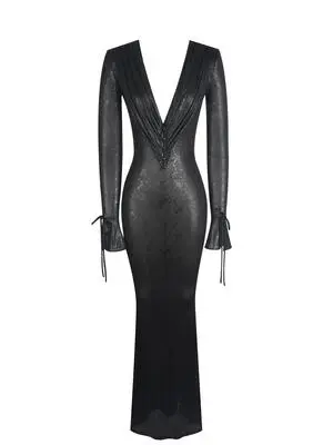 MISS CIRCLE NEW YORK Ilysia V-neck Plunge Snakeskin Mermaid Hem Maxi Dress - Black
