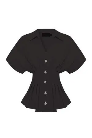 EXQUISE Pleated Waist Button-up Blouse