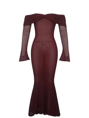 MISS CIRCLE NEW YORK Off The Shoulder Long Sleeve Crochet Mermaid Maxi Dress - Red