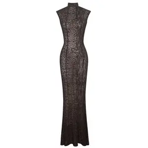 MISS CIRCLE NEW YORK Burnout Velvet Mesh Backless Mermaid Maxi Dress - Brown