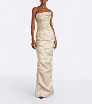 MARMAR HALIM Draped Pleated Brocade Bustier Gown
