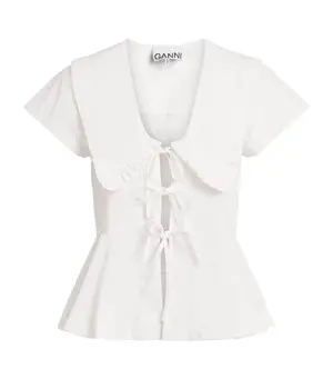 GANNI Cotton Bow-detail Peplum Blouse - White