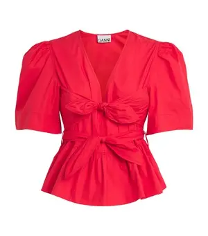 GANNI Cotton Puff Sleeve Bow Detail Blouse - Red