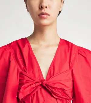 GANNI Cotton Bow Detail Blouse - Red