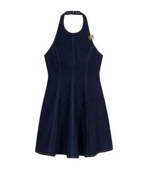 Maje Denim Halterneck Mini Dress With Removable Brooch
