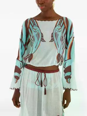 Farm Rio Fish-print Open-knit Blouse - White