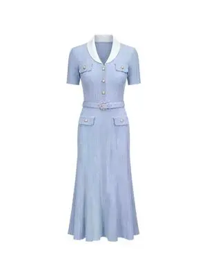 SELF-PORTRAIT Ribbed Knit Midi Dress - Blue