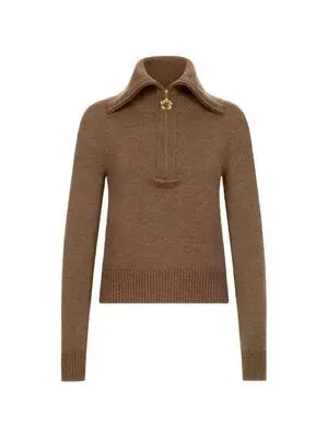 Oscar De La Renta Double-collar Quarter-zip Cropped Sweater - Brown