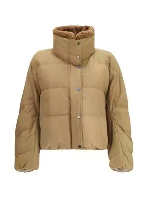 Brunello Cucinelli Techno Cotton Taffeta Down Jacket With Detachable Shearling Insert And Monili - Neutrals