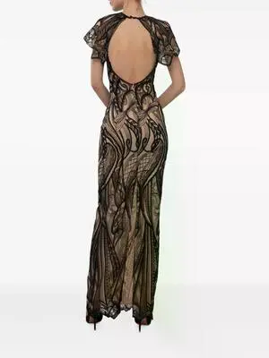 GEMY MAALOUF Black Lace Embroidered Open-back Gown