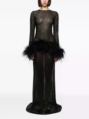 ATU BODY COUTURE Sequin-embellished Feather-trim Maxi Dress - Black