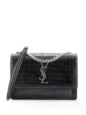 Saint Laurent Sunset Chain Wallet Crocodile Embossed Leather Crossbody Bag - Black