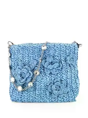 Miu Miu Flower Crystal Chain Woven Raffia Shoulder Bag