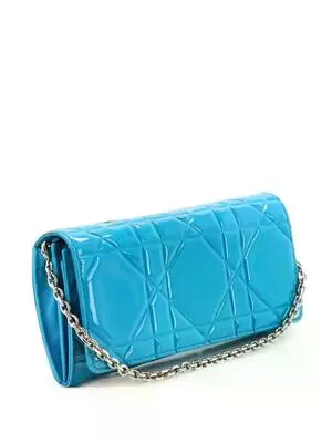 Dior Lady Rendez Vous Short Chain Wallet Cannage Embossed Patent Clutch Bag - Blue