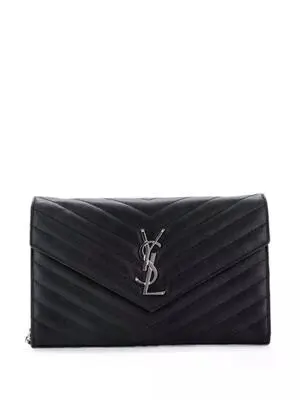 Saint Laurent Classic Monogram Wallet On Chain Matelasse Chevron Leather Medium Crossbody Bag - Black
