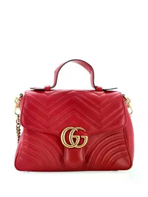 Gucci Gg Marmont Top Handle Flap Bag Matelasse Leather Small Satchel - Red