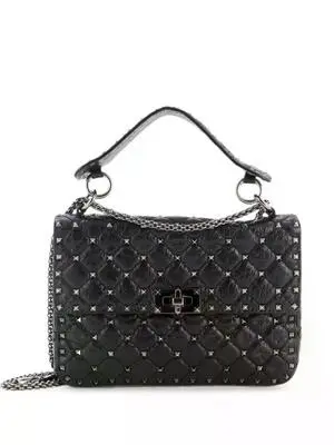 Valentino Garavani Rockstud Spike Flap Bag Crystal Embellished Quilted Leather Medium Shoulder Bag - Black