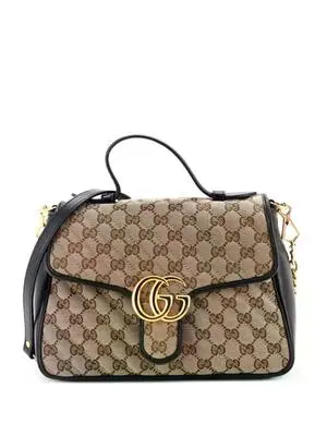 Gucci Gg Marmont Top Handle Flap Bag Diagonal Quilted Gg Canvas With Leather - Black