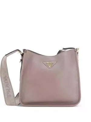 Prada Logo Strap Leather Medium Hobo Bag - Grey