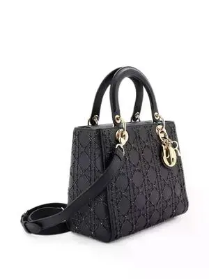 Dior Lady Bag Beaded Cannage Quilt Leather Medium Satchel - Black