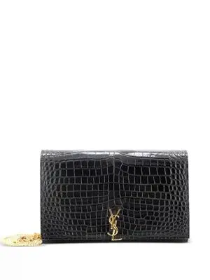 Saint Laurent Crocodile Embossed Leather Monogram Flap Wallet - Black
