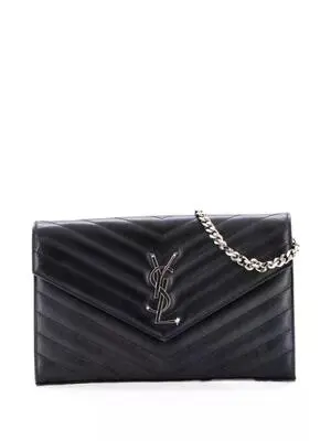 Saint Laurent Classic Monogram Wallet On Chain Matelasse Chevron Leather Medium Crossbody Bag - Black