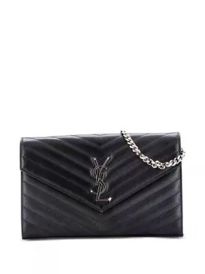Saint Laurent Classic Monogram Wallet On Chain Matelasse Chevron Leather Medium Crossbody Bag - Black