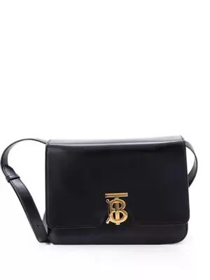 Burberry Tb Flap Bag Leather Medium Crossbody Bag - Black