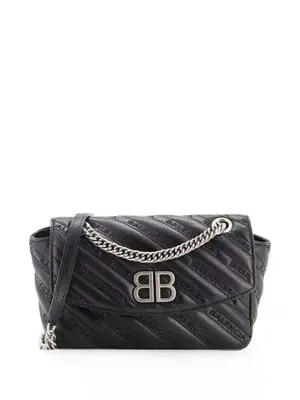 Balenciaga Bb Chain Round Shoulder Bag Embossed Leather Small Crossbody Bag - Black