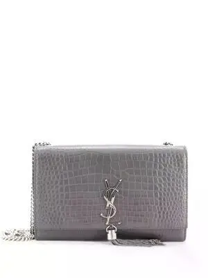 Saint Laurent Classic Monogram Tassel Crocodile Embossed Leather Medium Crossbody Bag - Grey