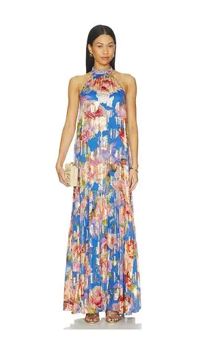 Hemant & Nandita Maxi Dress With Floral Print And Metallic Accents - Blue