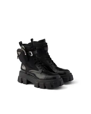 Prada Monolith Leather And Re-nylon Combat Boots With Pouch - Black
