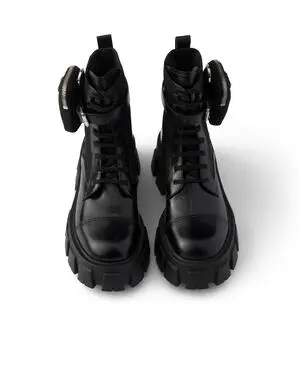 Prada Monolith Leather And Re-nylon Combat Boots With Pouch