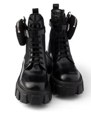 Prada Monolith Leather And Re-nylon Combat Boots With Pouch
