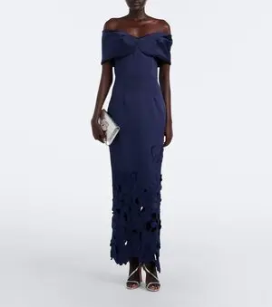 Costarellos Off-shoulder Satin Midi Dress With Appliqu