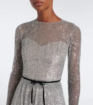 Monique Lhuillier Bow-detail Sequined Tulle Gown