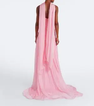 Monique Lhuillier Draped Silk Bustier Gown With Scarf Detail