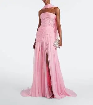 Monique Lhuillier Draped Silk Bustier Gown With Scarf Detail