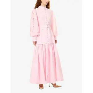 Mona Alshebil Embroidered Sleeve Belted Cotton Maxi Dress