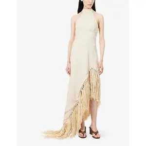 REBIRTH Fringed Asymmetric Woven Maxi Dress