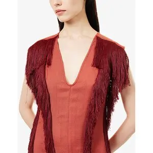 REBIRTH Sleeveless Fringed Woven Maxi Dress - Rust