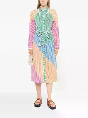 Farm Rio Striped Midi Shirt Dress With Embroidery And Scalloped Trim